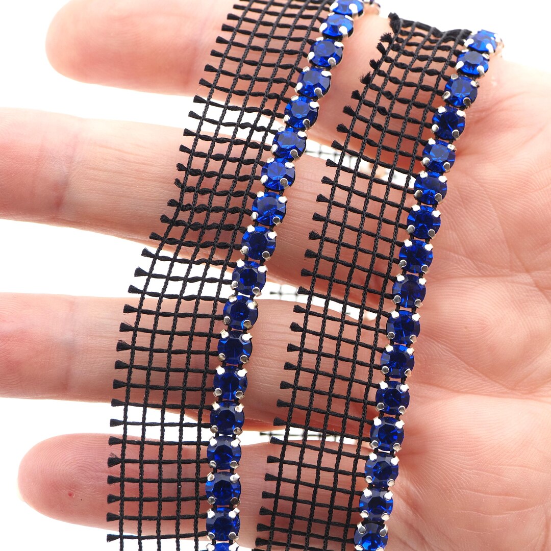 One Meter Preciosa Ss22, Sapphire Blue Rhinestone Black Mesh, Strand ...