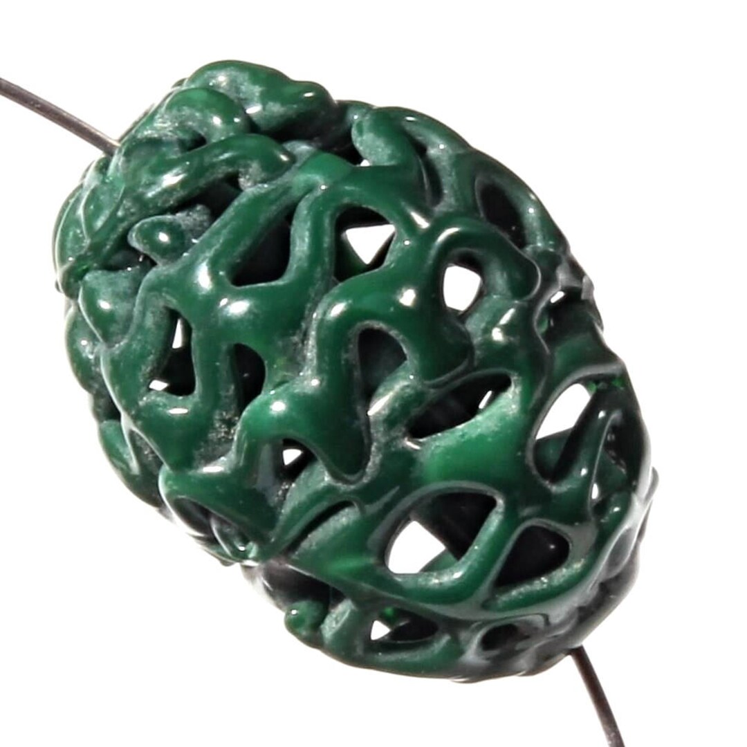 Lace Spun Pierced Lampwork Hollow Green Glass Bead Vintage 22mm, Czech ...