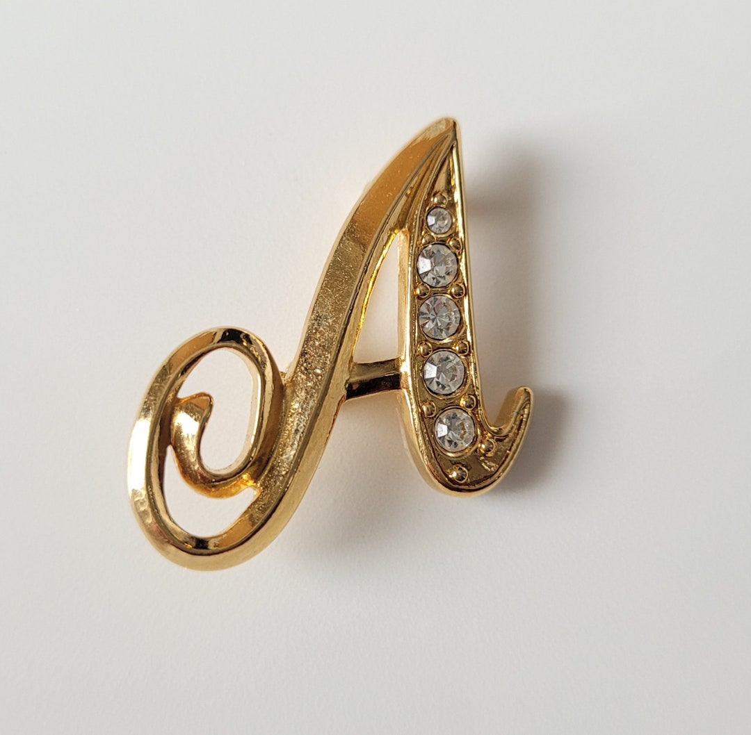 Vintage Letter Pin AVON Letter A Initial Brooch Gold Colored Rhinestone ...