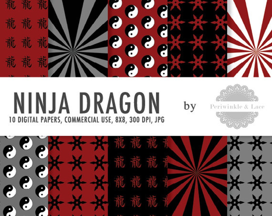 Red Ninja Dragon Themed Digital Paper - Commercial Use - Instant ...