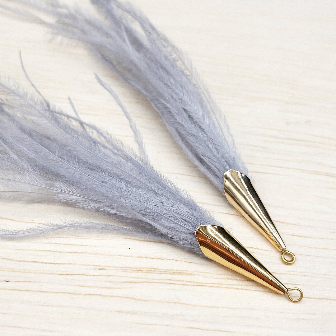 Feather Tassel in GRAY With Gold Cone Cap for Jewelry Making and Crafts ...