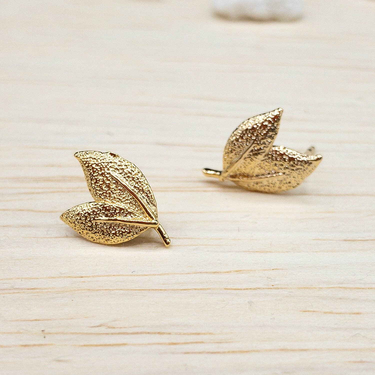 Leaf Earring Post in 24K Gold Plating With Open Loop Textured | Etsy