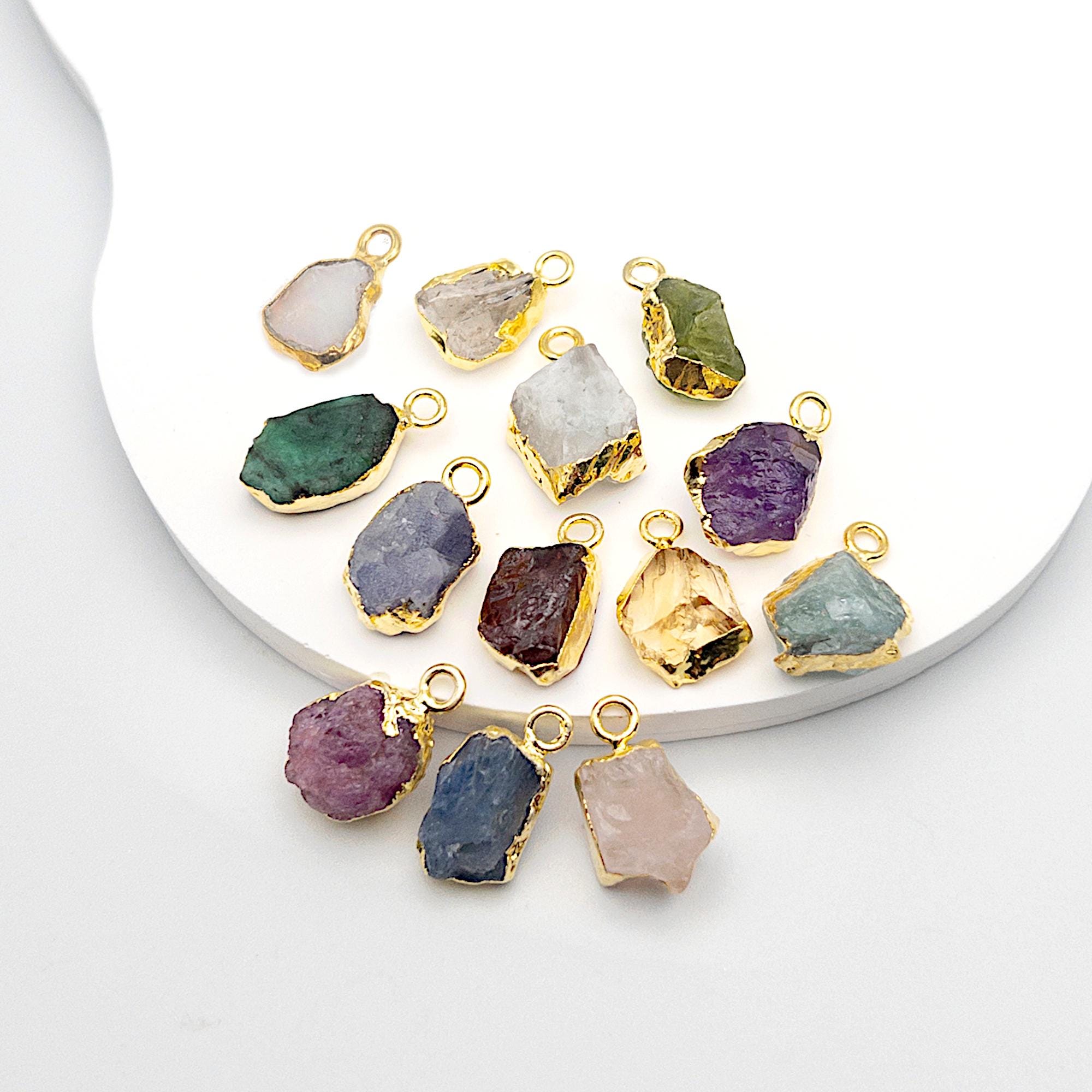 2pcs Raw Birthstone Charms 24K Gold Edge • Rough Crystal Pendants for ...