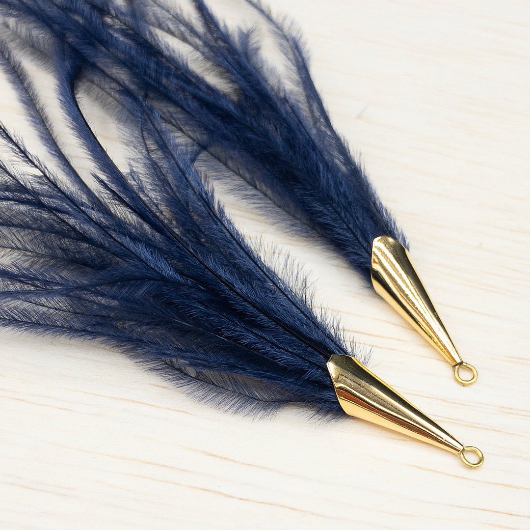 Feather Tassel in NAVY BLUE With Gold Cone Cap for Jewelry Making and ...