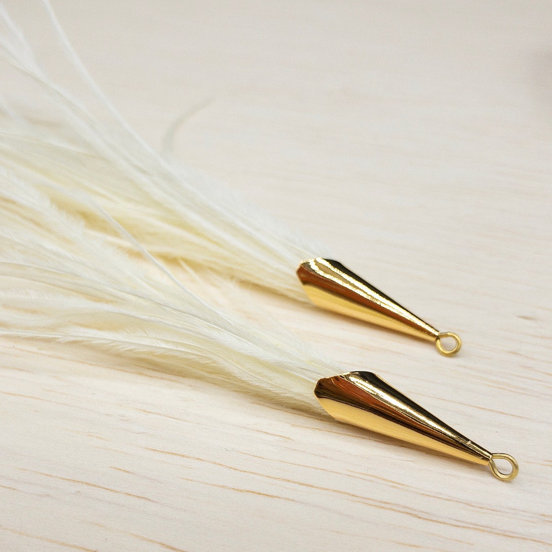 Feather Tassel in IVORY With Gold Cone Cap for Jewelry Making and ...