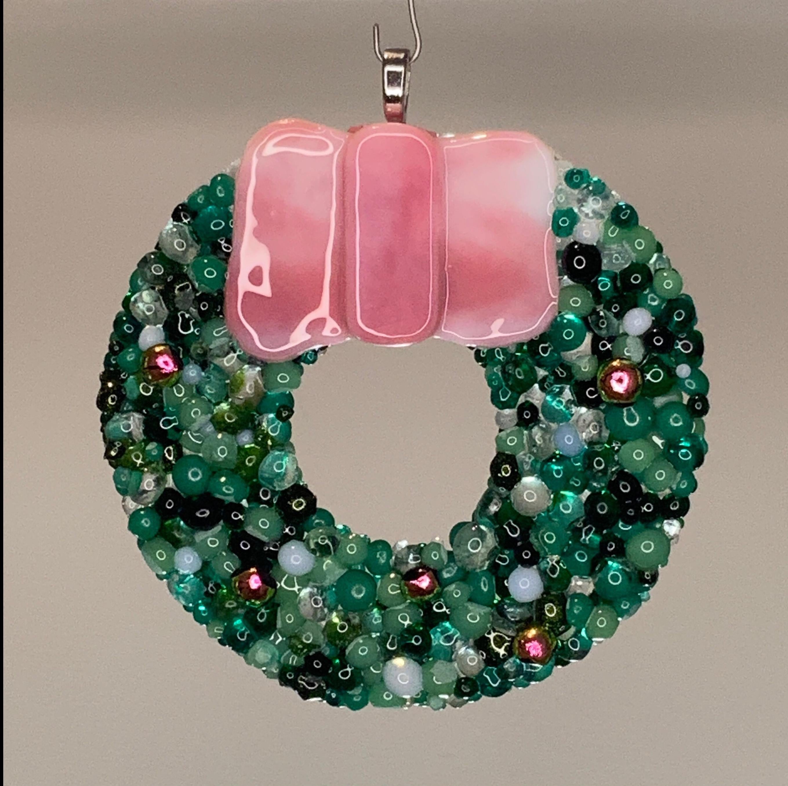3.5" Fused Glass Wreath With Pink Bow —suncatcher/keepsake Ornament - Etsy