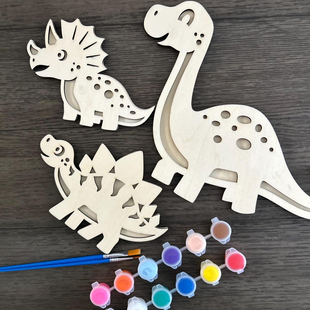 Dinosaur Wooden DIY Coloring Set for Kids Set of 3 Colorful Paint Set ...