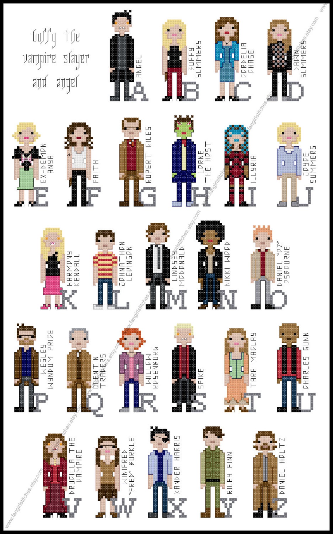 Buffy and Angel Universe Inspired Character Alphabet Cross Stitch ...
