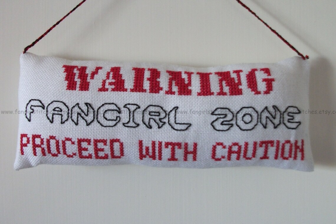 Warning Fangirl / Fanboy Zone padded door hanging cross stitch | Etsy