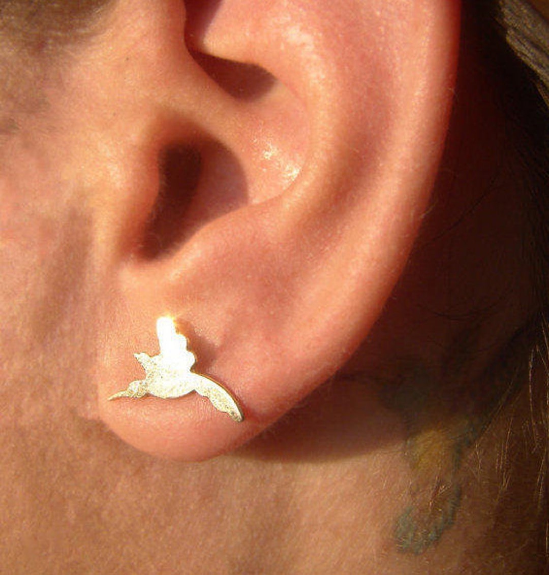 Hummingbird Earrings, Gold Stud Earrings, Cartilage Earring, Gold Helix ...