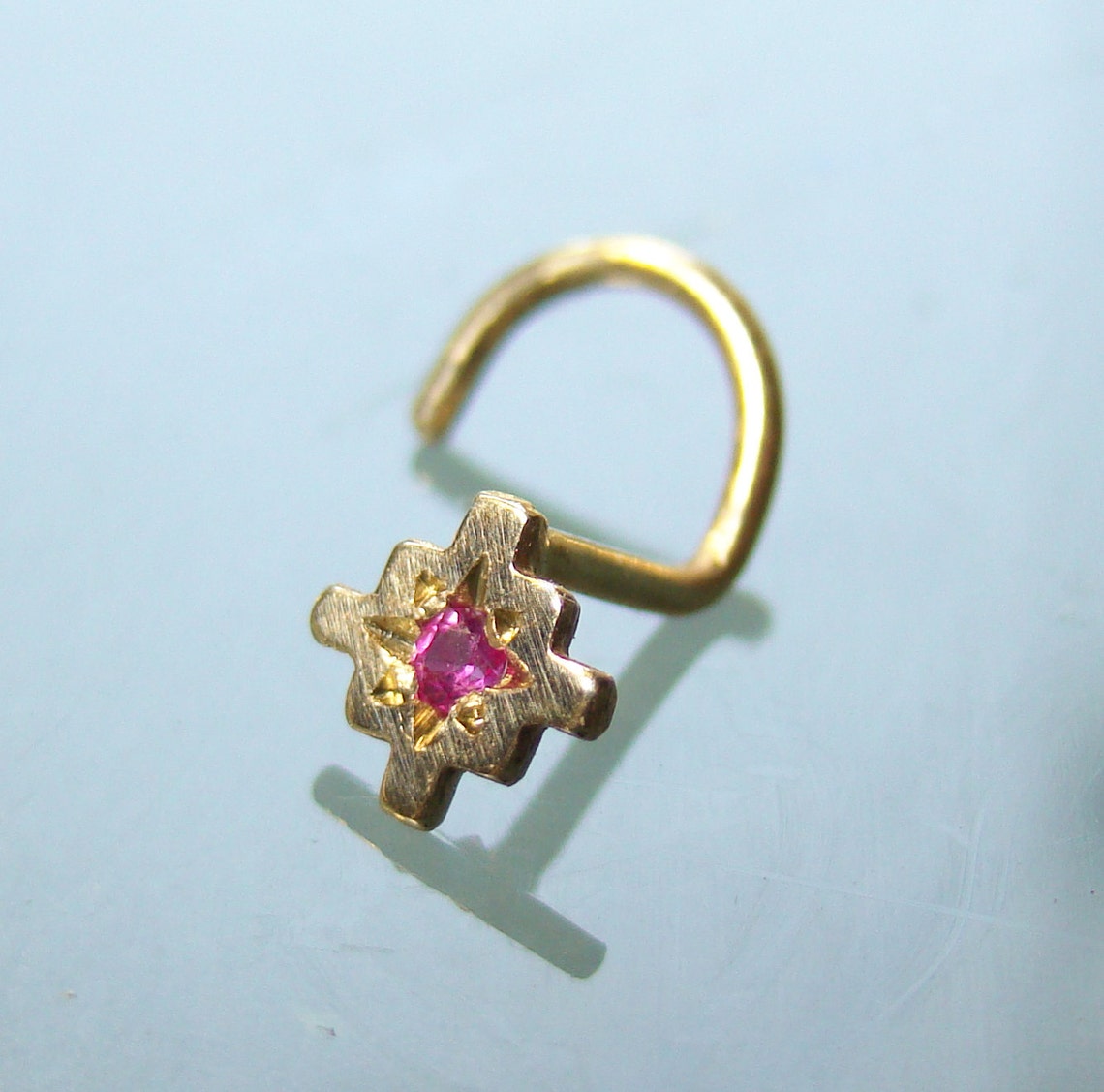 Chakana Nose Stud, 14k Gold, Ruby Gem, Inca Cross - Etsy