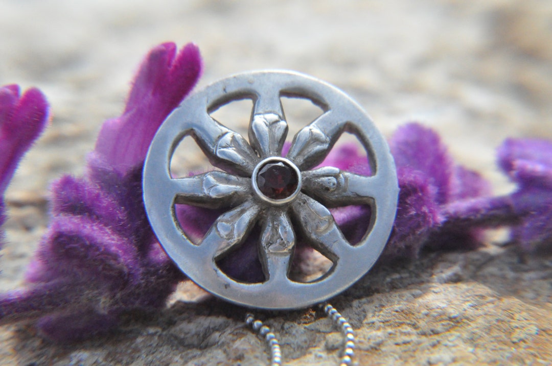 Dharma Wheel Silver Necklace Pendant With Garnet Gemstone, Buddhist ...