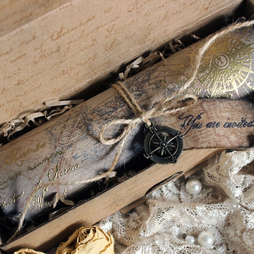 Elegant Scroll Wedding Invitation in a Box Damask Flower - Etsy