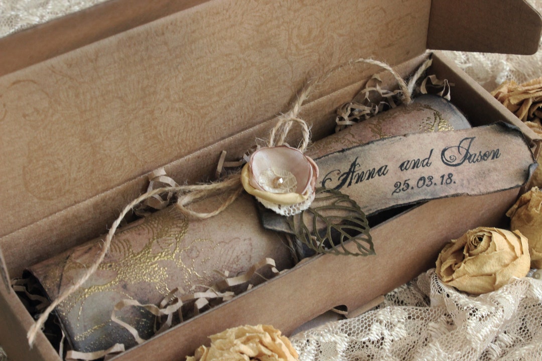10-100 Gold Rose Scroll Wedding Invitation in a Box; Vintage Wedding ...