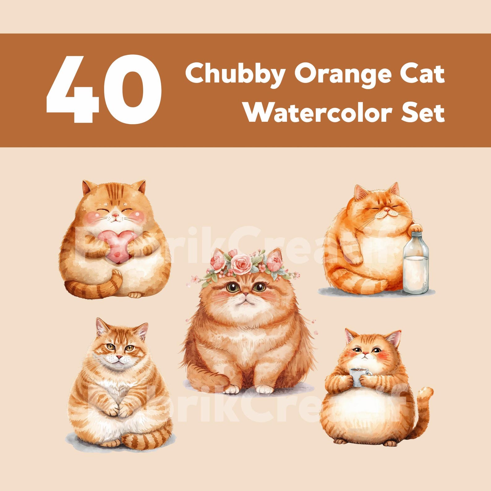 40 Watercolor Chubby Orange Cat Clipart | Squishy Belly Ginger Cat PNG ...