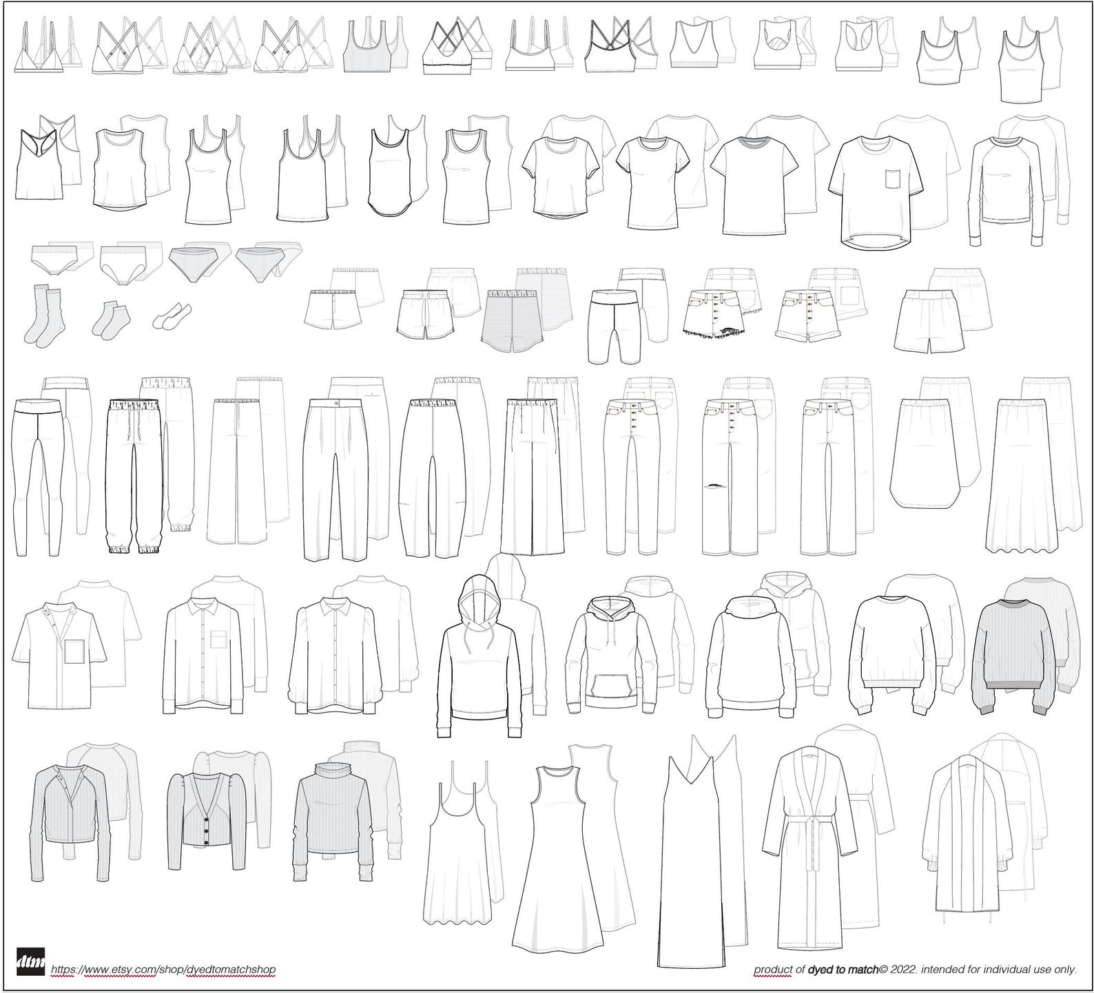 Comprehensive Womens Flats CAD Technical Drawings for Adobe Illustrator ...