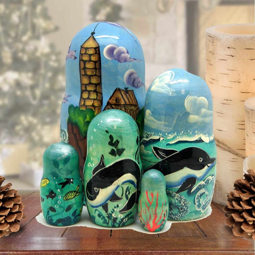 Lighthouse Nesting Hand-painted Dolls Matreshka Set of 5 by G. Debrekht ...