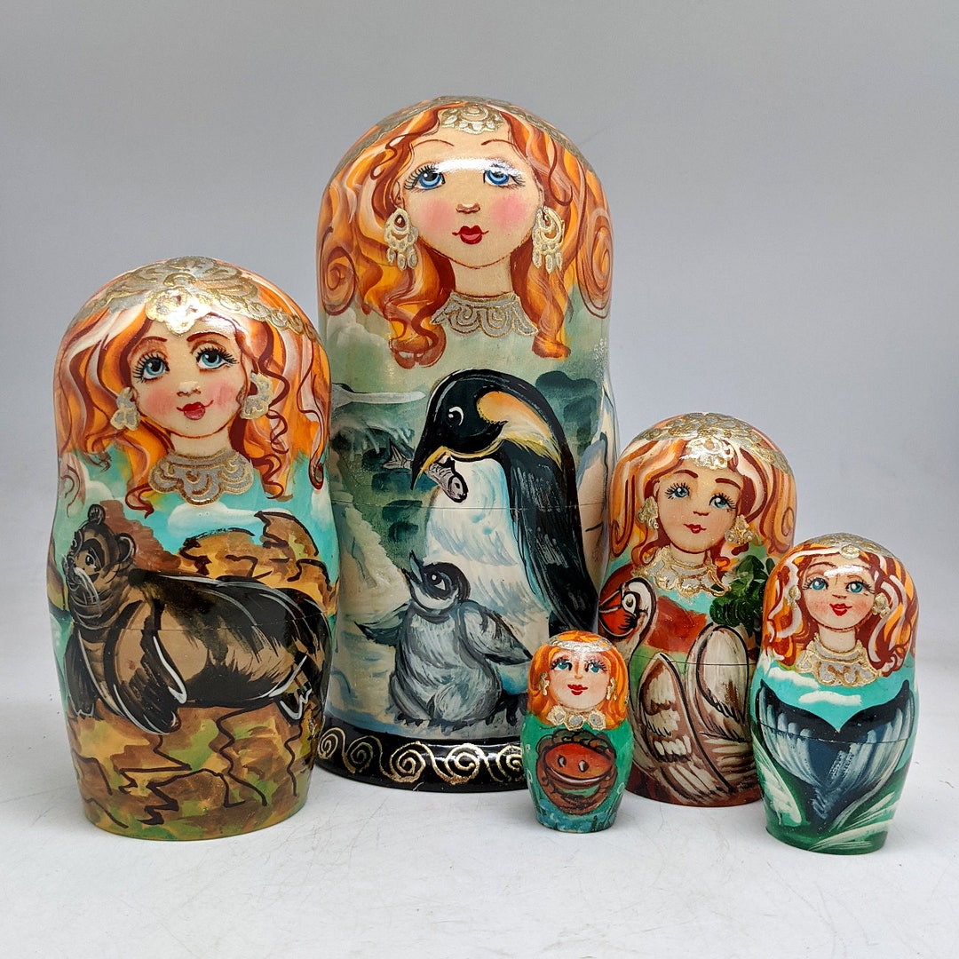 Penguin Coastal Wooden Nested Dolls Set - 5 Nest Original Matryoshka ...