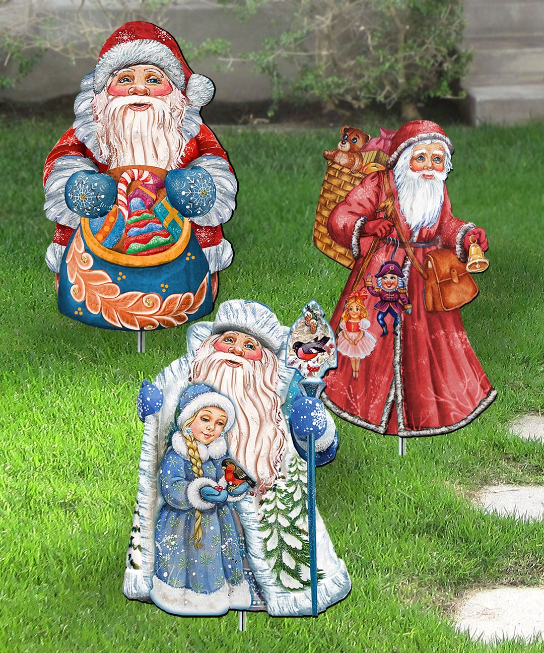 Christmas Outdoor Decor Santa Porch Walk Way Set With Metal Stakes Yard ...