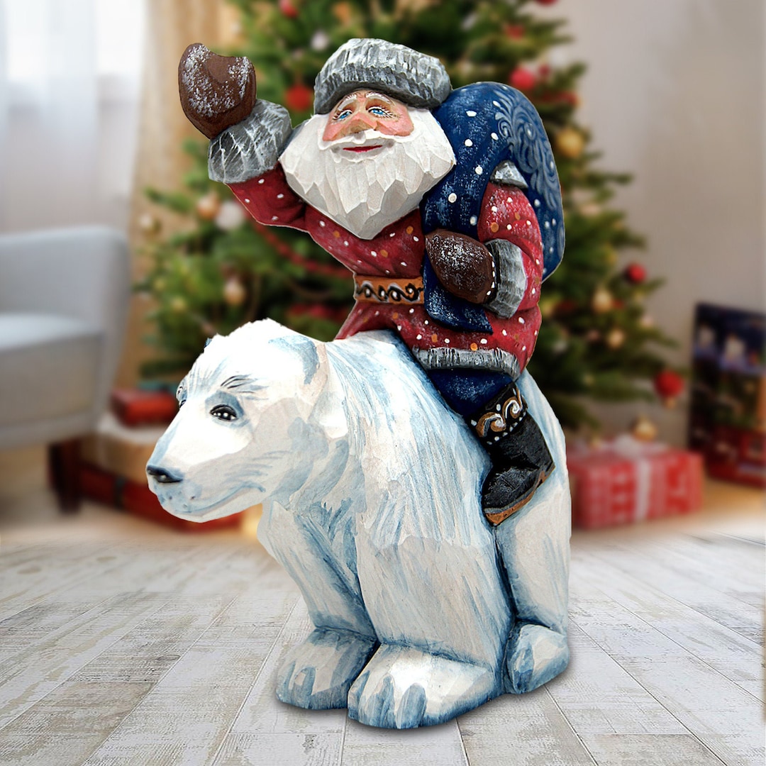 Wood Carved Santa and Polar Bear Christmas Decor - Hand-painted Ride-on ...