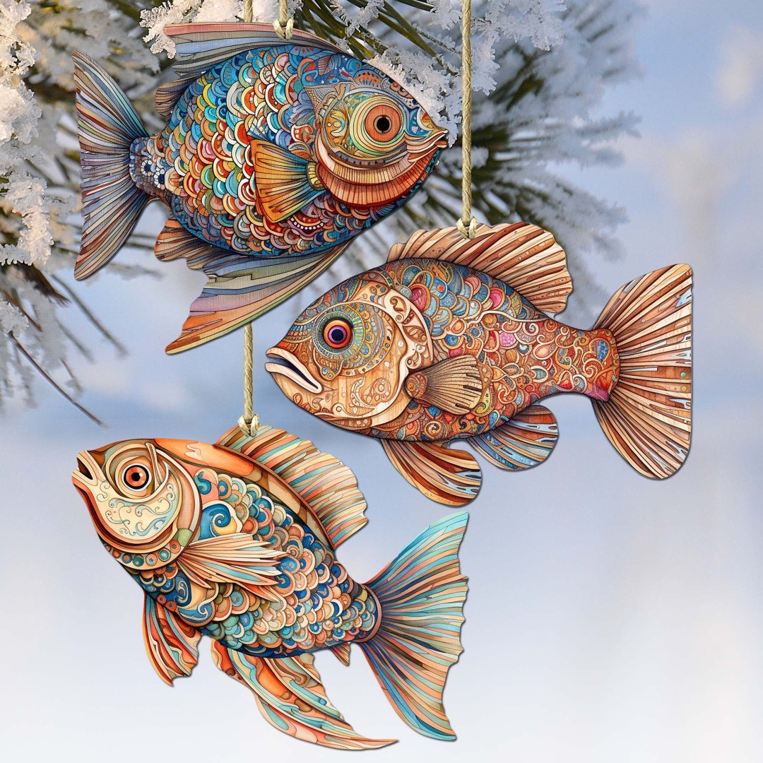 Coastal Fish Ornaments Set of 3 - Coastal Christmas Handcrafted Wooden ...