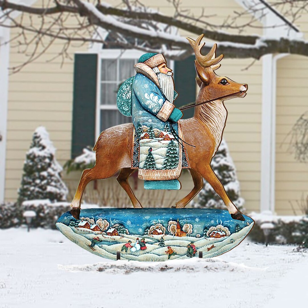 Outdoor Reindeer Santa Garden Yard Decor Lawn Scene Wooden Christmas ...