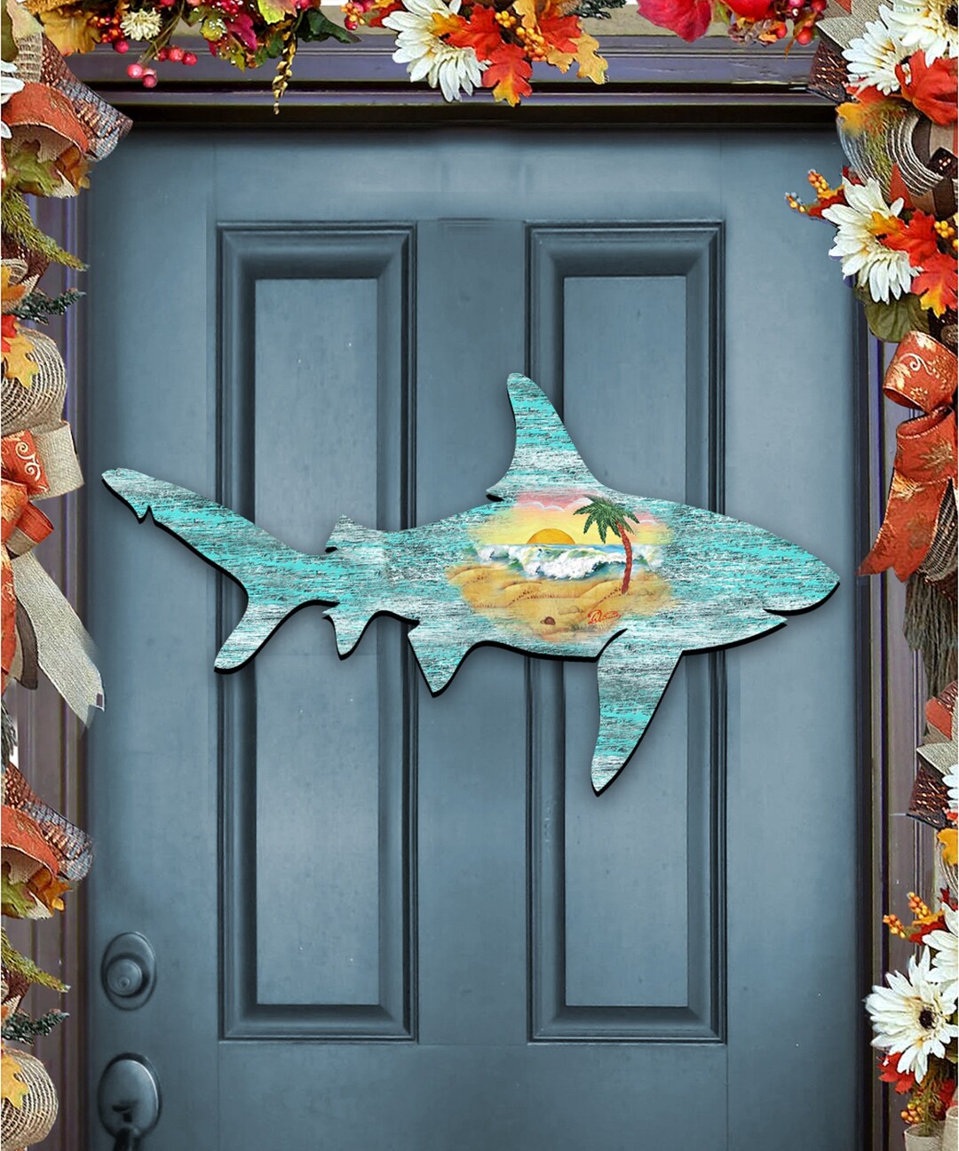 Ocean Waves Shark Door Hanger Wooden Wall Hanging Beach Decor for Home ...