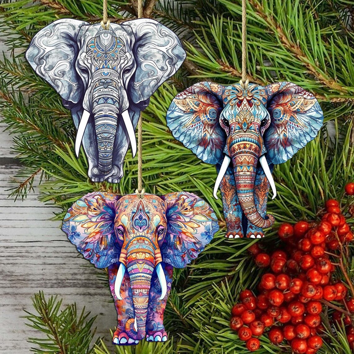 Elephants Ornaments Set of 3 - Wildlife Christmas Handcrafted Eco Wood ...
