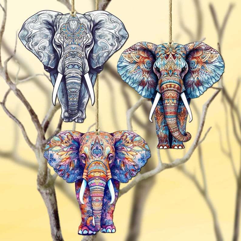 Elephants Ornaments Set of 3 - Wildlife Christmas Handcrafted Eco Wood ...
