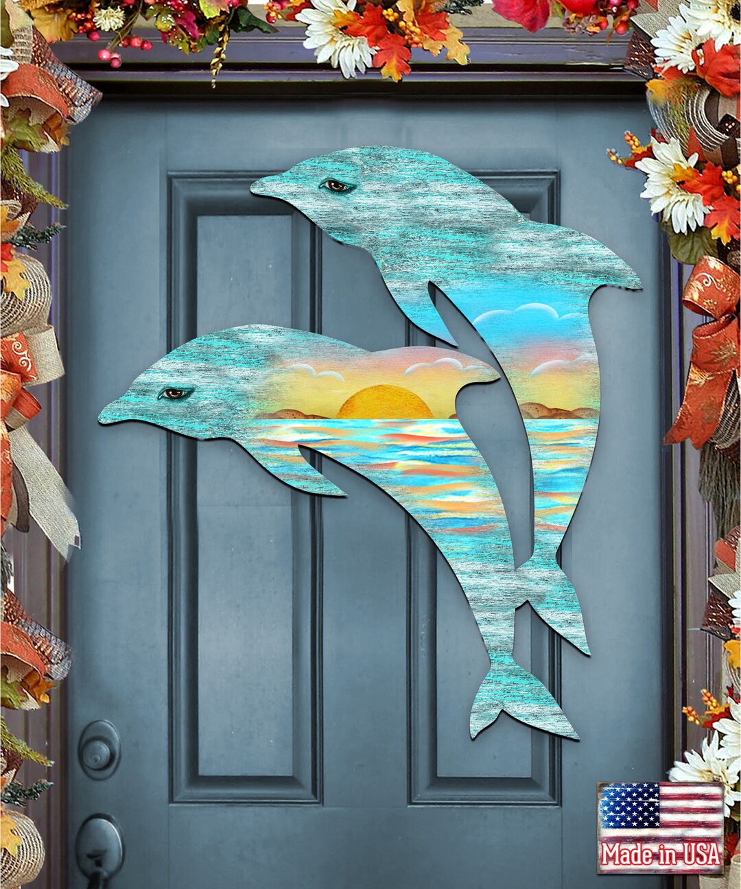 Dolphin Sunrise Door Hanger Wooden Wall Hanging Beach Cottage Decor ...