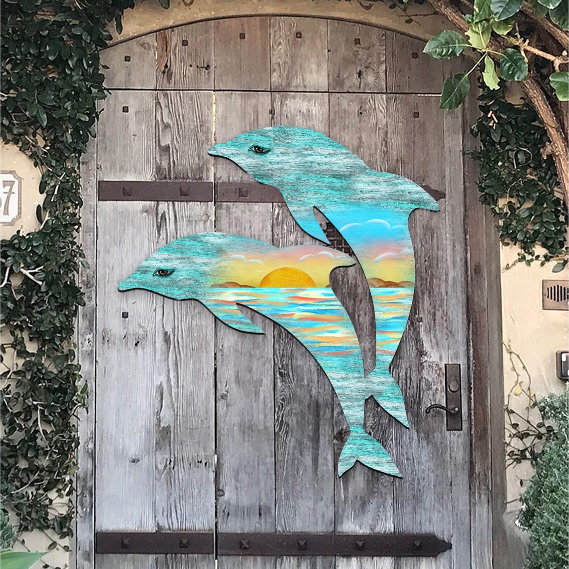 Dolphin Sunrise Door Hanger Wooden Wall Hanging Beach Cottage Decor ...