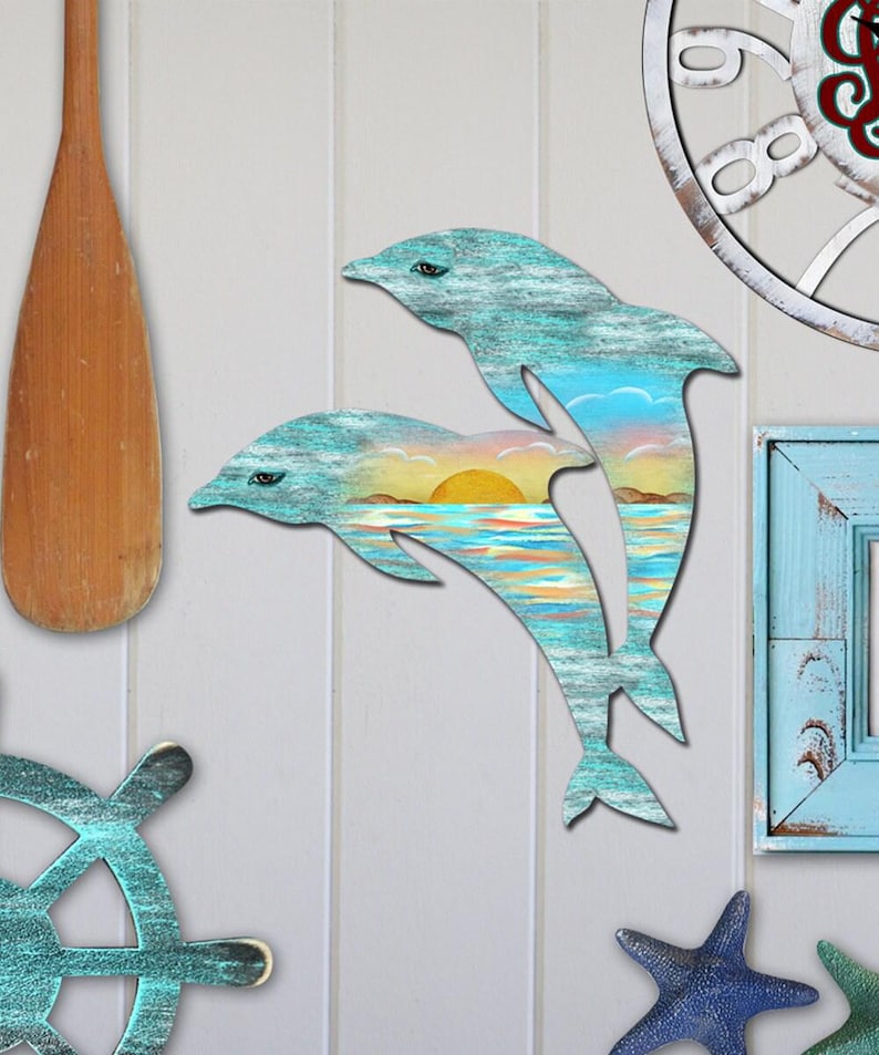 Dolphin Sunrise Door Hanger Wooden Wall Hanging Beach Cottage Decor ...