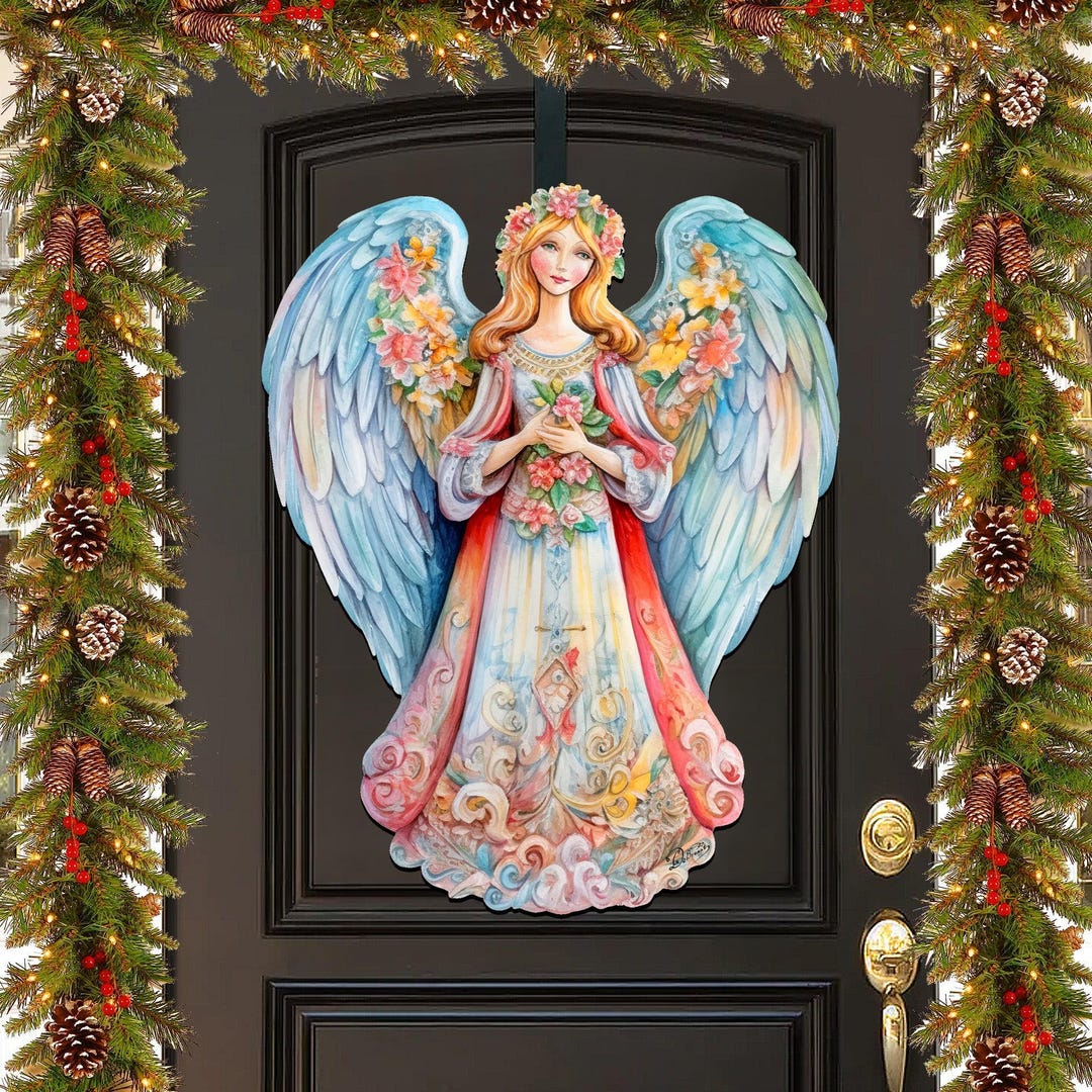 Blue Floral Angel Holiday Door Decor, Holiday Door Hanger for Home and ...