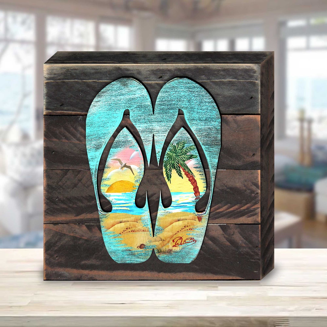Beach Sandals Wall Art and Tabletop Decor on Reclaimed Wood Block ...