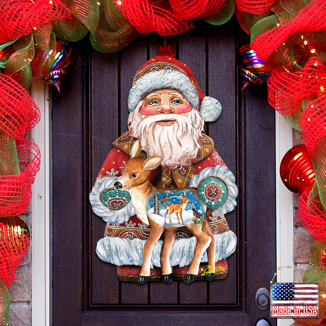 Christmas Wooden Door Decor Santa Fawn Door Hanger Santa Claus Wooden ...