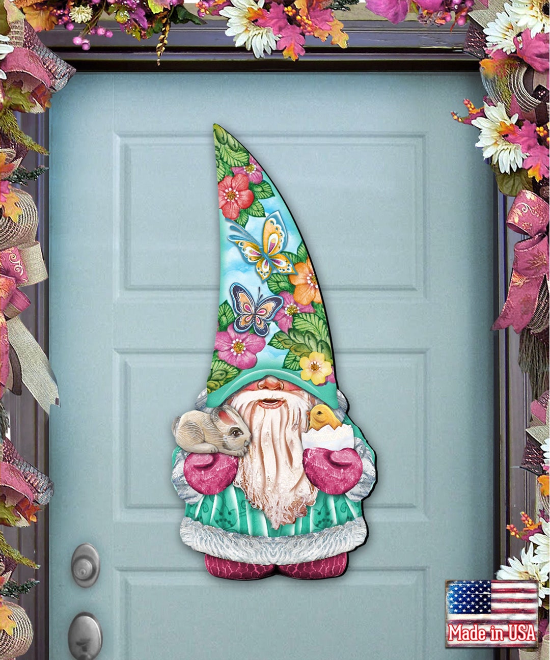Spring Garden Gnome - Wooden Door Hanger - Porch Wall Plaque - Garden ...