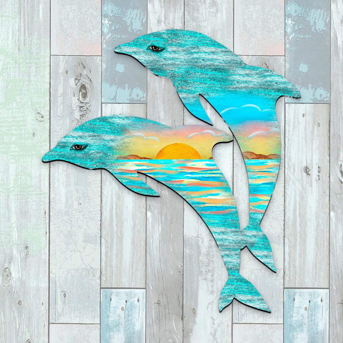 Dolphin Sunrise Door Hanger Wooden Wall Hanging Beach Cottage Decor ...