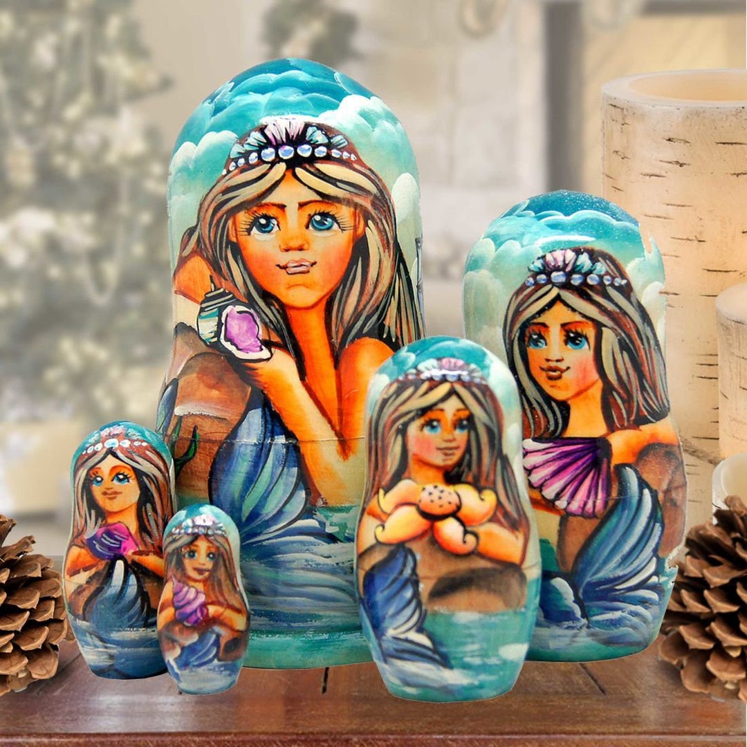 Mermaid Mrs. of the Sea Matreshka Nesting Hand-painted Dolls Set of 5 ...