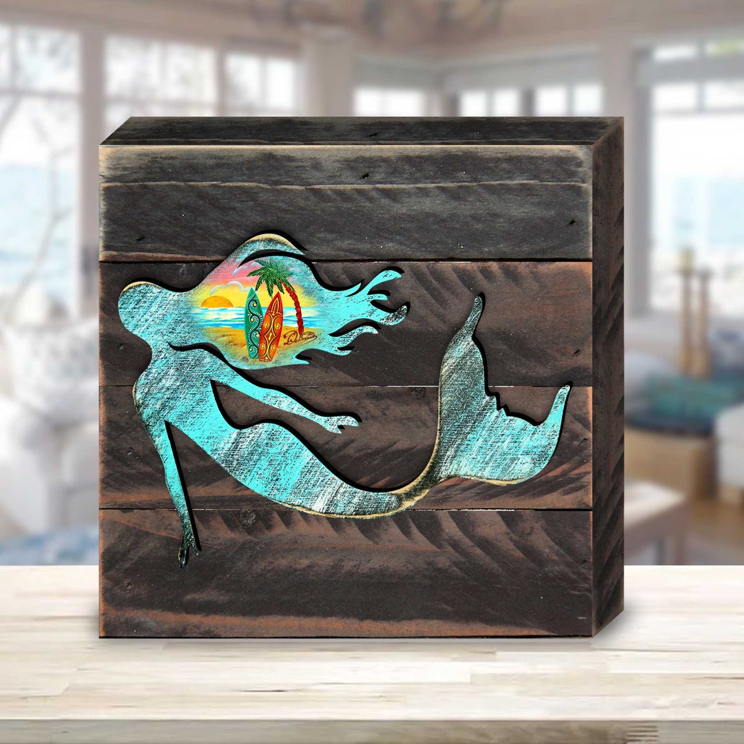 Mermaid Wall Decor Nautical Wall Art Scenic Mermaid on Wooden Block ...