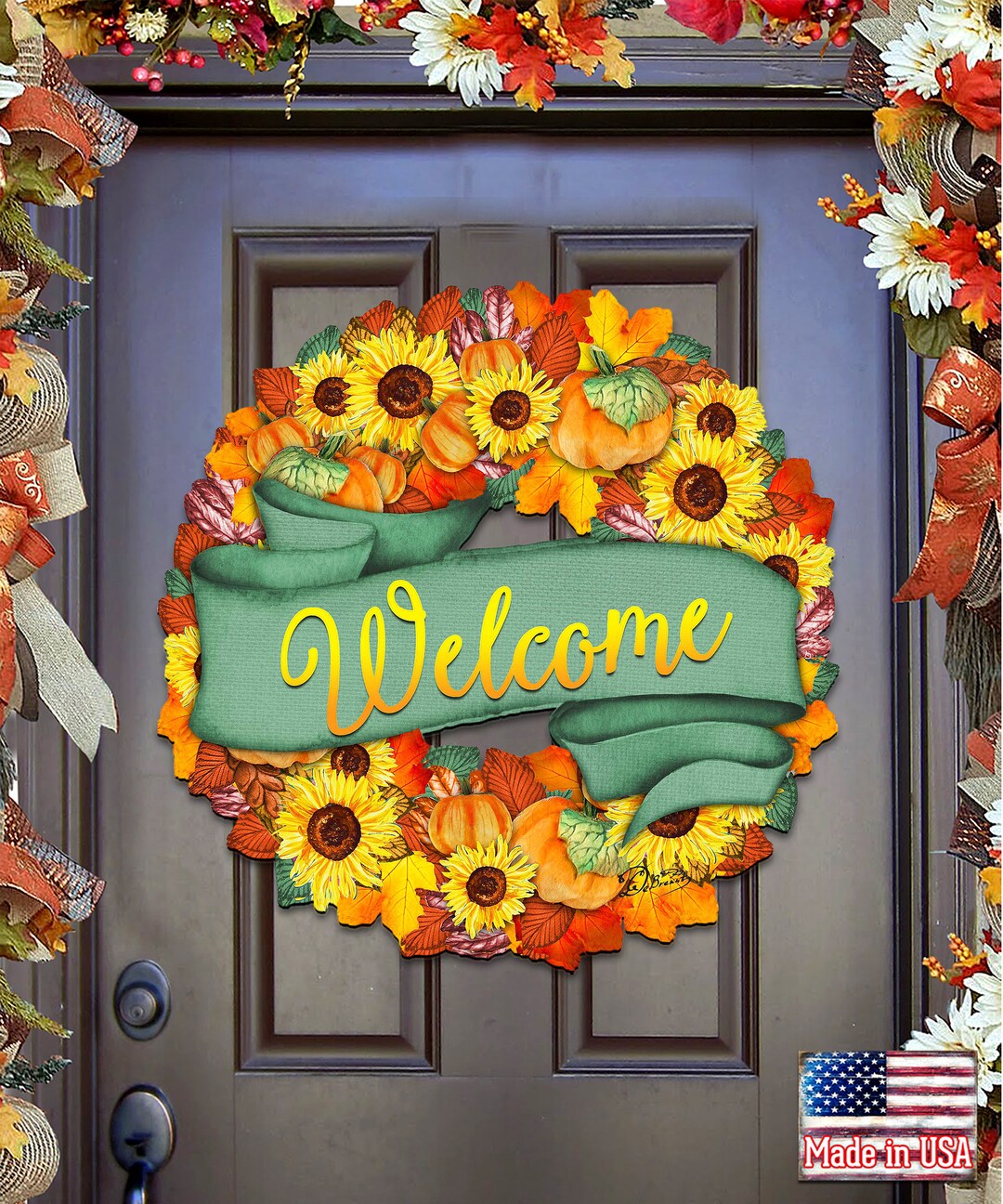 Welcome Sign Autumn Fall Flower Wreath - Thanksgiving Centerpiece ...