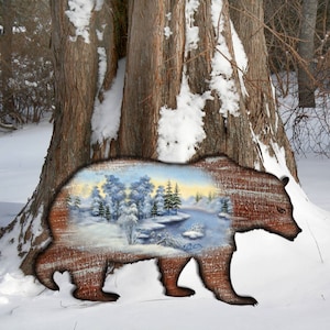 Winter Gift Rustic Log Cabin Decor Winter Decor Grizzly Bear Wooden ...
