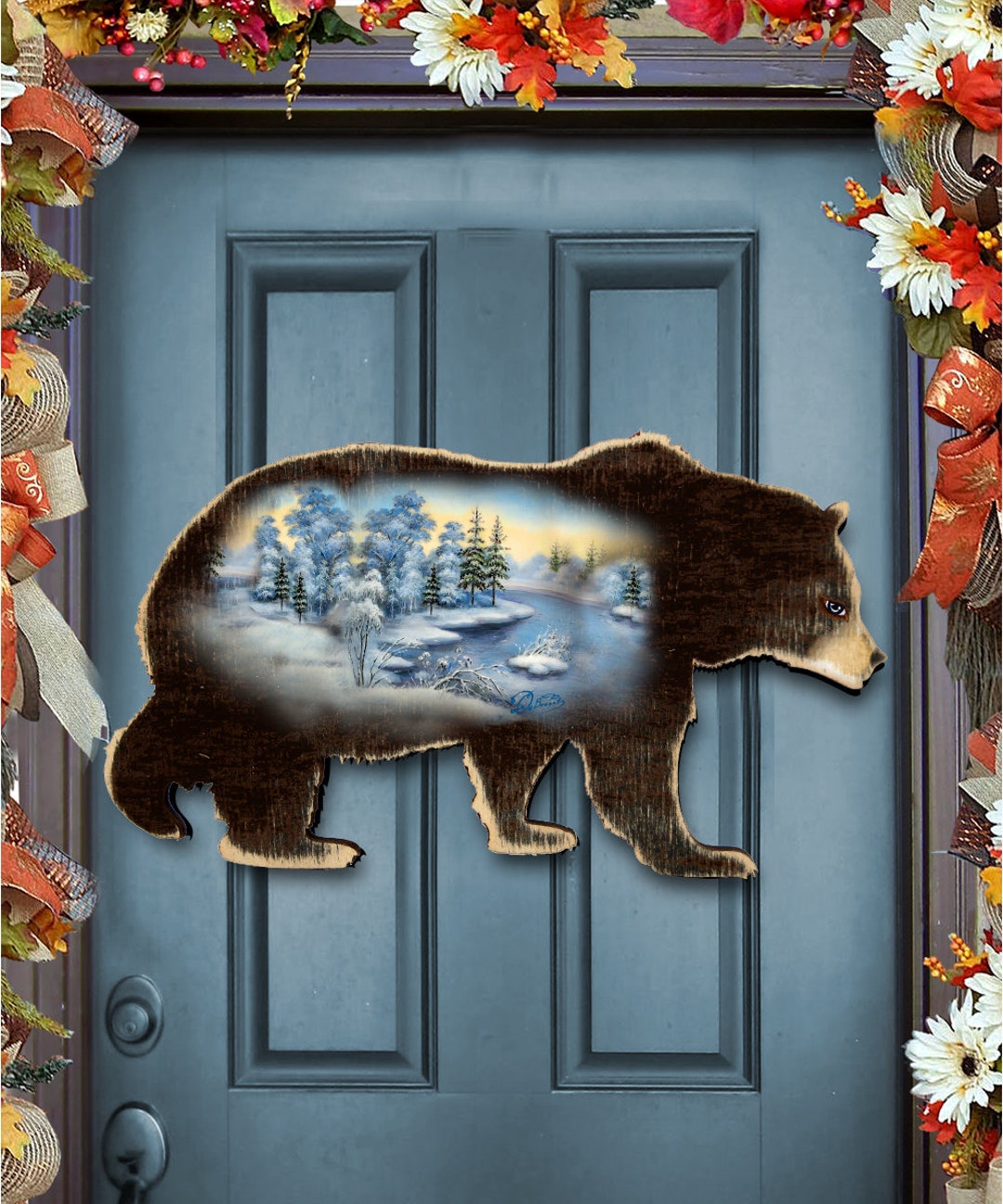 Holiday Wood Decor Grizzly Bear Wooden Door Hanger Log Cabin Wall ...