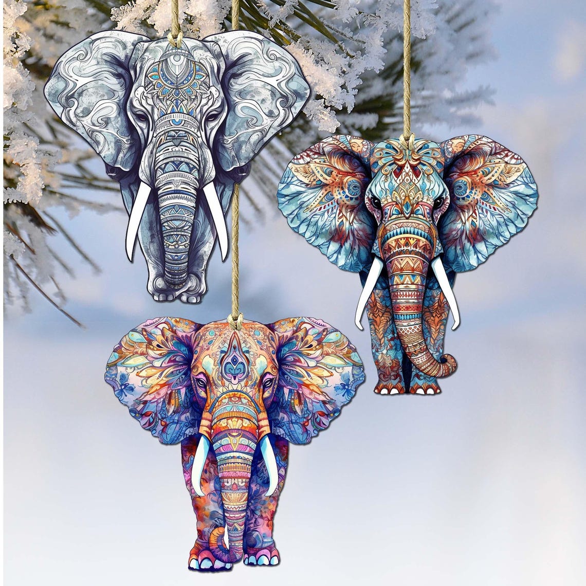 Elephants Ornaments Set of 3 - Wildlife Christmas Handcrafted Eco Wood ...