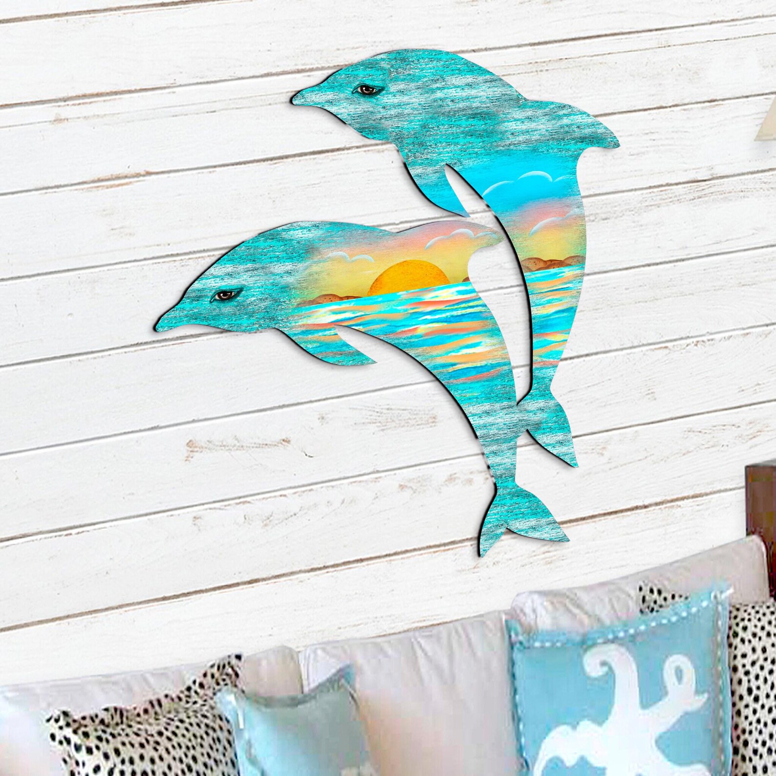 Dolphin Sunrise Door Hanger Wooden Wall Hanging Beach Cottage Decor ...