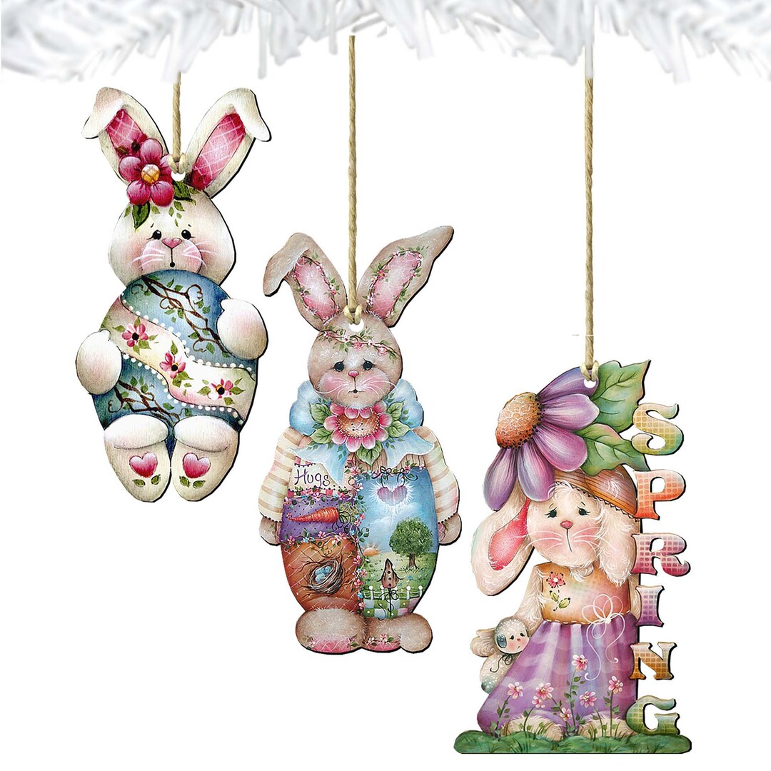Set of 3 Bunny Ornaments - Easter Tree Decorations - Handcrafted Wooden ...