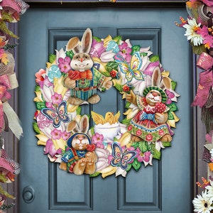 Easter Bunny Door Hanger Wreath Spring Decor Wooden Wall Hanging for ...