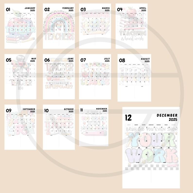2025 Teacher-themed Digital Printable A4 Size Calendar Inspirational ...