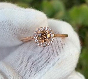 14K Rose Gold Champagne Diamond Halo Engagement Ring - Etsy