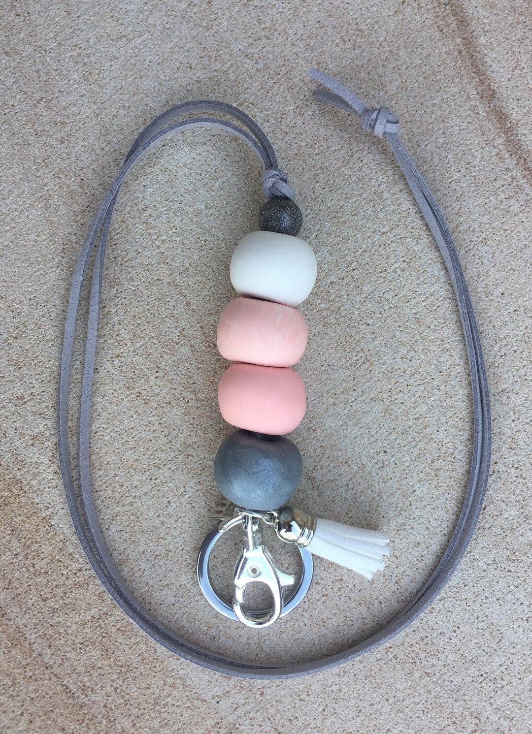 Blush, Marble and Grey Marble Polymer Clay Lanyard With Tassel and Key ...