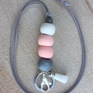 Blush, Marble and Grey Marble Polymer Clay Lanyard With Tassel and Key ...